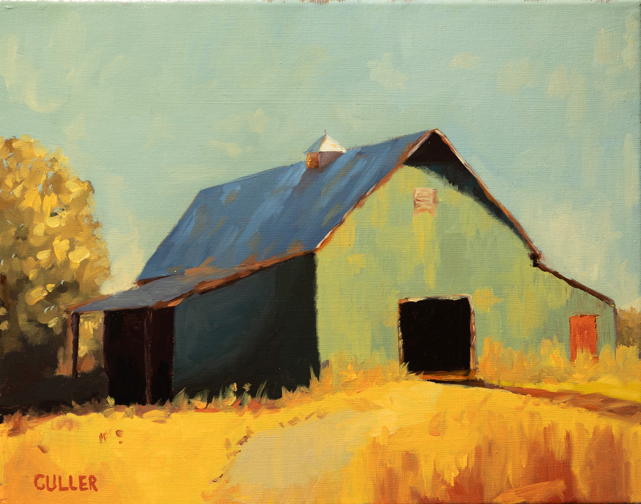 "Green Barn with Gold" 11" x 14" Oil on Linen – Krissy Culler Art